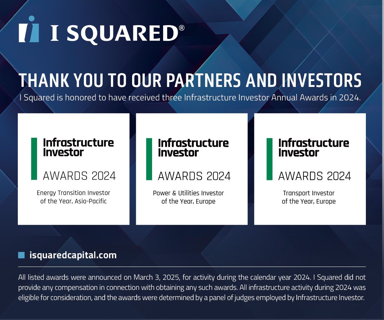 I Squared Capital Wins Three Prestigious Infrastructure Investor Awards for 2024 - I Squared